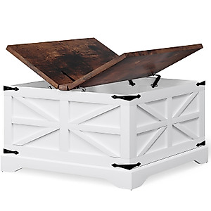 oneinmil Modern Farmhouse Coffee Table, Square Wood Center Table with Large Storage Space, Metal Corners, Z Shape, White