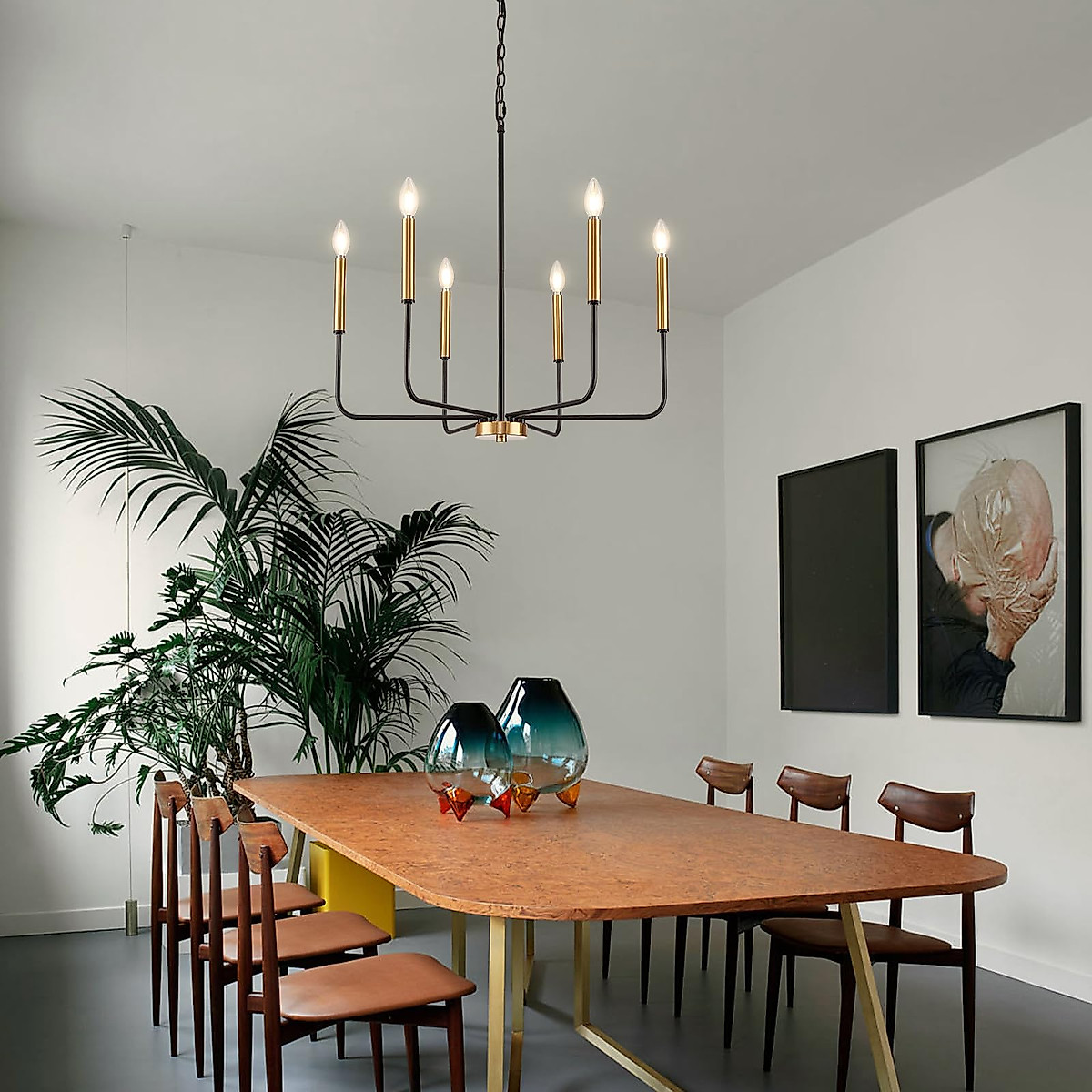 ZUYURT Modern Black and Gold Chandelier for Dining Room, 6-Light Metal Farmhouse Dining Room Light Fixtures Hanging Over Table, E12 Candle Lighting for Kitchen, Living Room, Foyer, Entry, Staircase