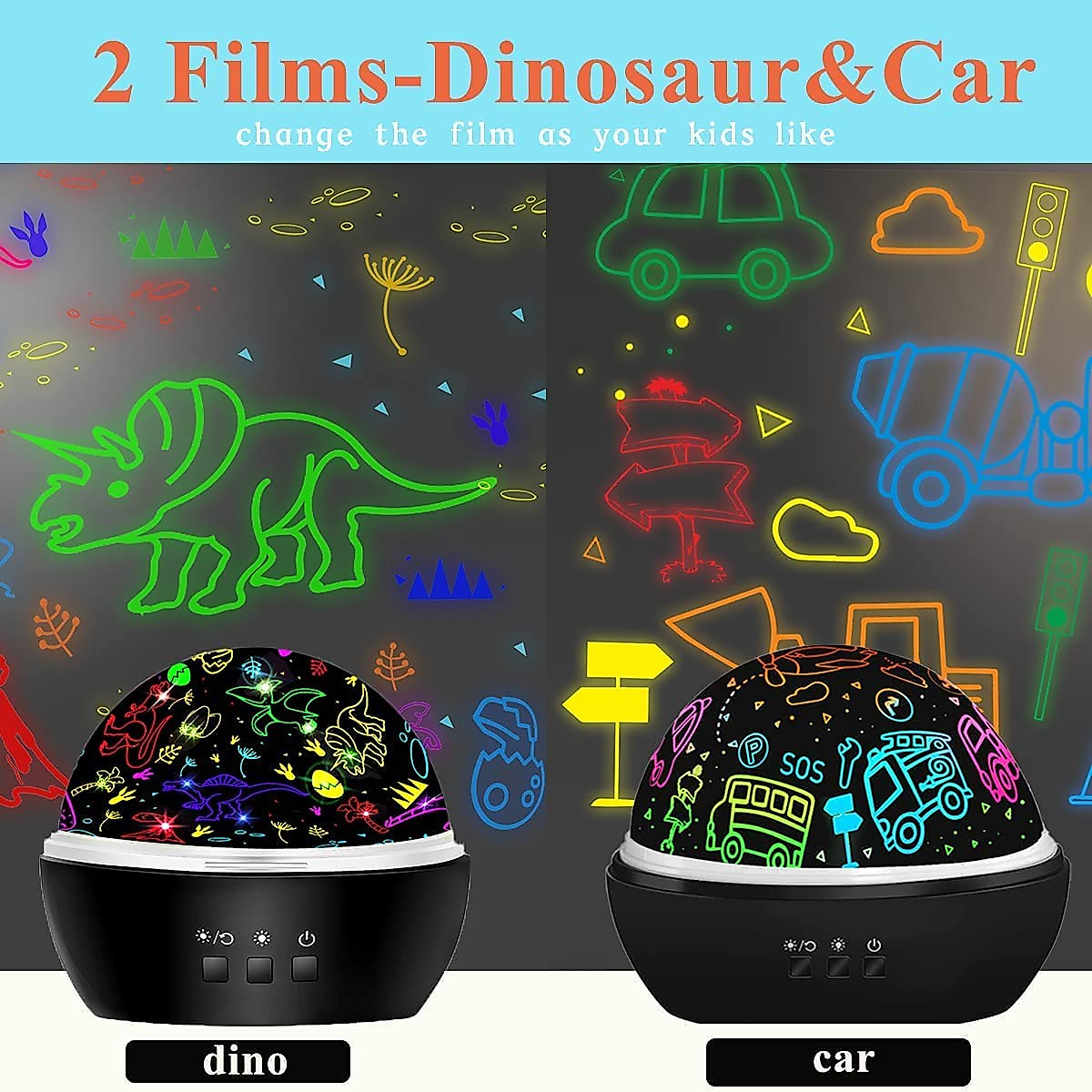 DQMOON Dinosaur Night Light for Kids, Projector with 8 Colors, 360 Rotation, Safe Materials, Ideal Birthday Gift
