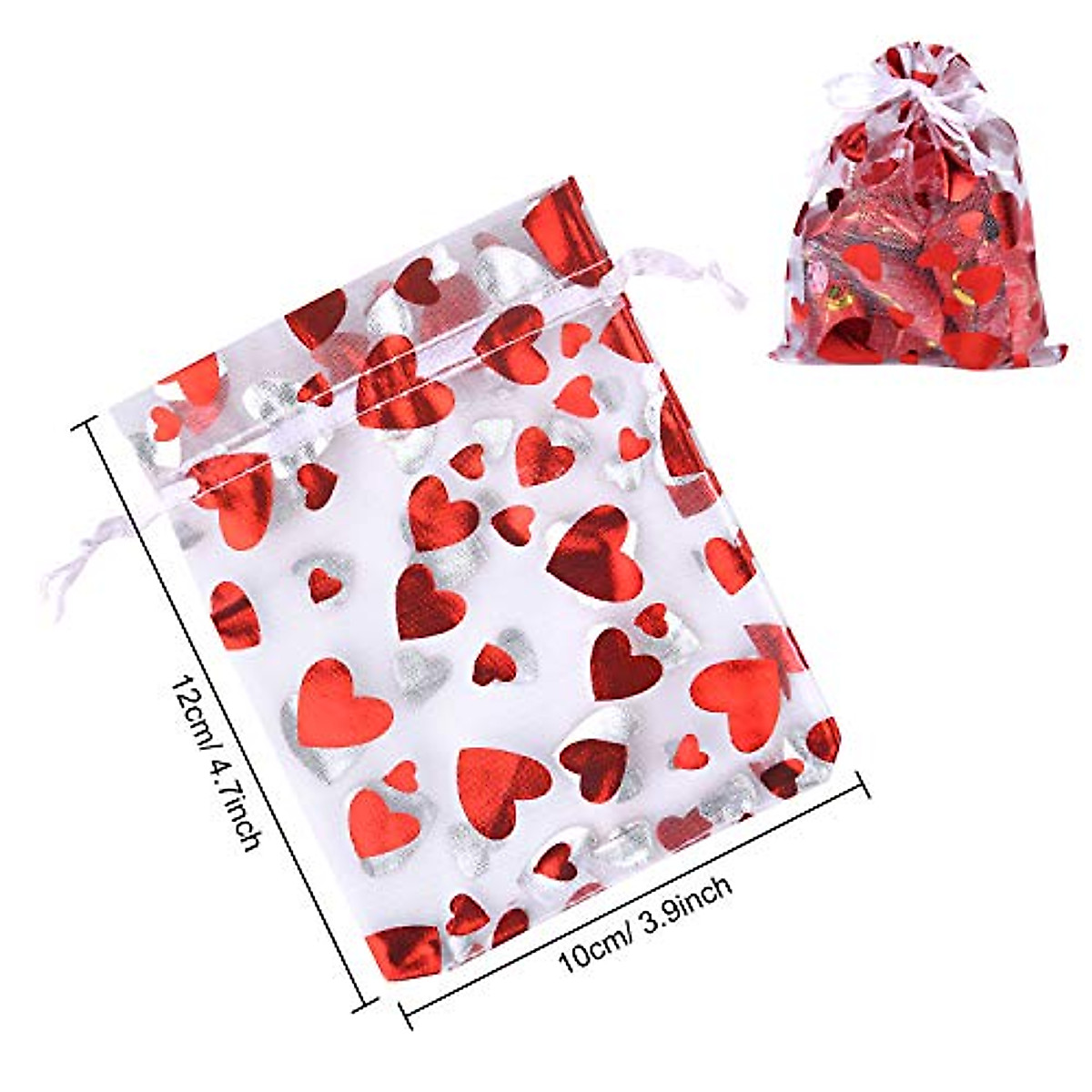 TUPARKA 120 pcs Valentine Gift Bags,Valentines Candy Treat Bags, Love Heart Organza Bags Drawstring Pouches for Valentines Goodie Wedding Gift Packaging,Valentines Party Favor Bags
