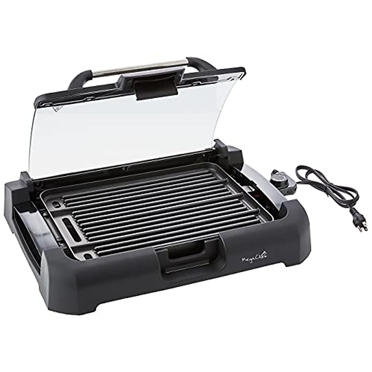 MegaChef Heavy Gauge Aluminum Reversible Indoor Grill and Griddle with Removable Glass Lid, 15" by 11", Black