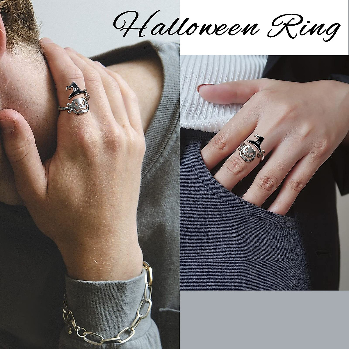 beautlace Halloween Pumpkin Adjustable Rings and Wizard Witche's Hat Ring Silver Plated Halloween Ghost Witch Broom Ring Open Finger Ring Party Jewelry KR0065W