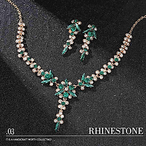 Unicra Bride Necklace Earrings Set Crystal Bridal Wedding Jewelry Sets Rhinestone Choker Necklace Prom Costume Jewelry for Women and Brides (Green)