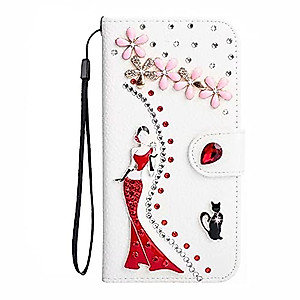 Girlyard Case for iPhone 12 / iPhone 12 Pro 6.1 Inch, Bling Glitter Rhinestone PU Leather Wallet Case with Card Holder Flip Magnetic Kickstand Shockproof Protective Cover - White, Beauty in Red Dress