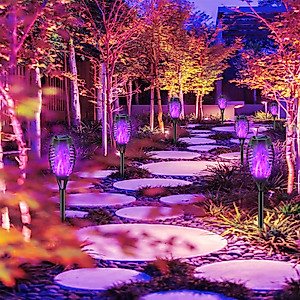 COCOMOX Halloween Decorations Outdoor, 12 Pack Purple Solar Lights Outdoor Waterproof 12 LED Mini Tiki Torch Lights with Flickering Flame for Outside Landscape Garden Pathway Dusk to Dawn Auto On/Off