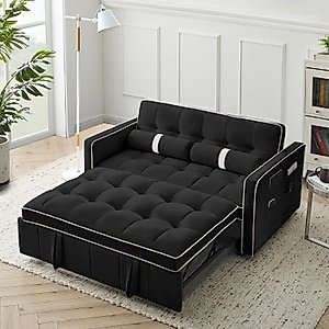 3-in-1 Convertible Sleeper Sofa Bed,55.5" Modern Tufted Velvet Pull Out Couch Bed,Futon Small Love Seat Sofa with Adjustable Backrest&Cylinder Pillows for Living Room,Apartment,Small Places(Black)