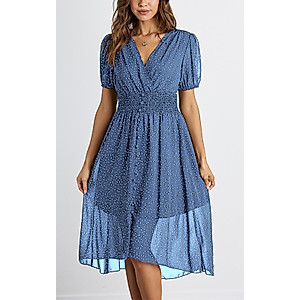 PRETTYGARDEN Summer Floral Midi Dress Puff Sleeve Casual Swing Sun Dress Floral Boho Hawaiian Flowy Long Dress Chiffon Polka Dot Womens Casual Dress Summer(Dark Blue, Large)