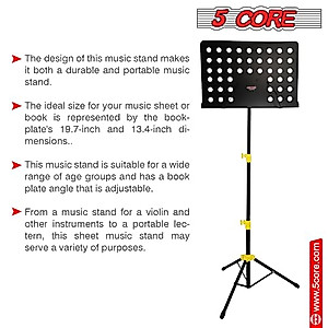 5 Core Sheet Music Stand -Dual Use Professional Portable Music Stand, Metal Desktop Tripod Music Book Stand & Orchestral Sheet Stand, Folding Adjustable Sturdy Heavy Duty for Performance & Band