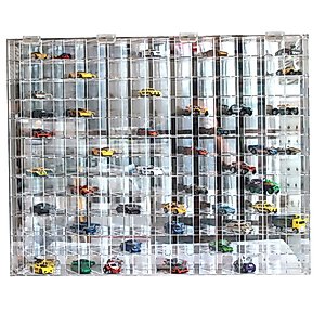 DisplayGifts Clear Acrylic Display Case for 1:64 Scale Hot Toy Cars Wheels Model Cars Display with 144 Compartments in 45 Degree Angle, Clear, UV Protect 22.5 X 30.4 X 3 Inches, Wall Mounted Storage