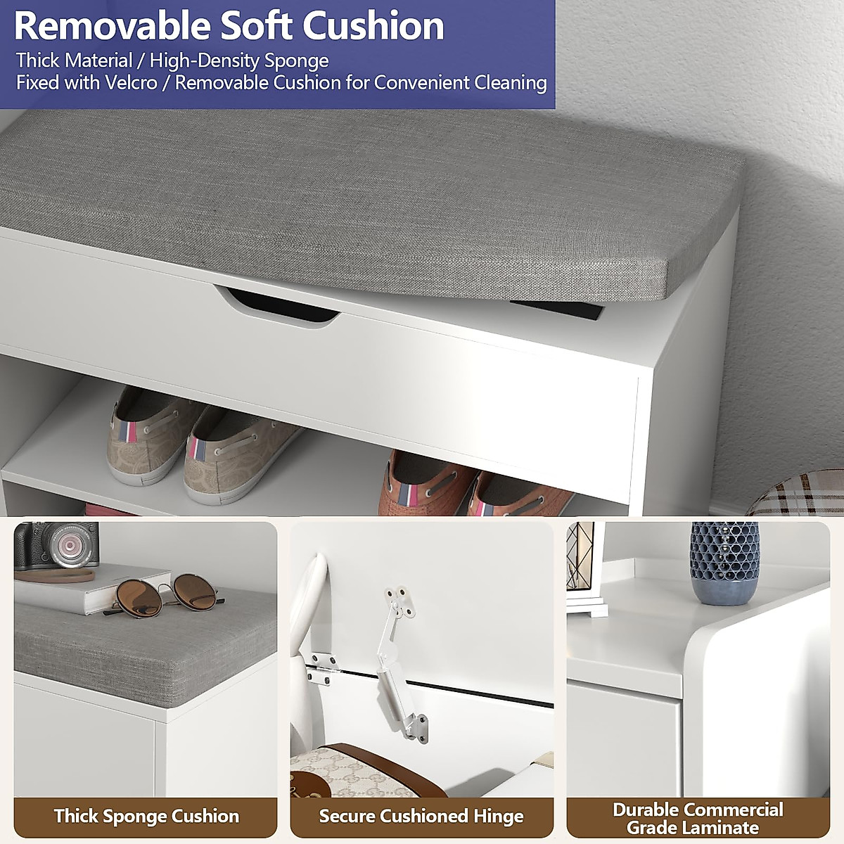 Loomie Shoe Storage Bench, 2-Tier Farmhouse Entryway Bench with Lift Top Storage Box, Drawer & Soft Removable Seat Cushion, Silm Shoe Rack with Shoe Cabinet for Entryway, Hallway, Bedroom, White