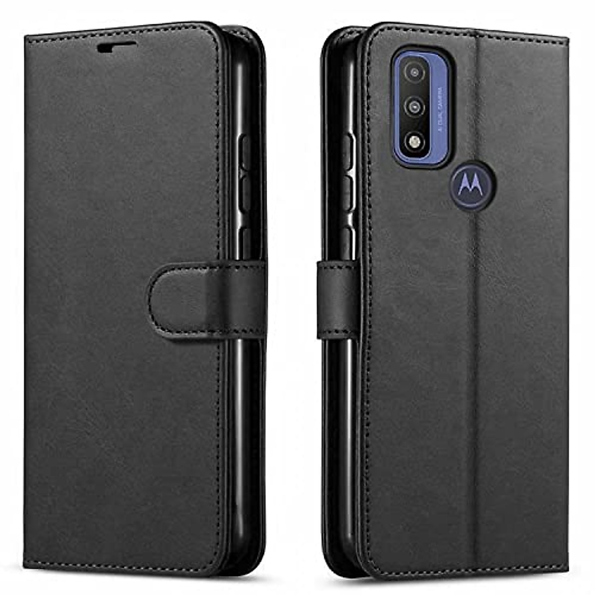 STARSHOP Moto G Pure Phone Case, Motorola G Pure Case, with [Tempered Glass Screen Protector Included] PU Leather Wallet Shockproof Phone Cover Kickstand with Pocket Card Slots Magnet Closure -Dark