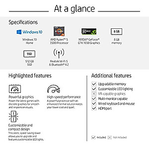 HP Pavilion Gaming Desktop Computer, AMD Ryzen 5 3500 Processor, NVIDIA GeForce GTX 1650 4 GB, 8 GB RAM, 512 GB SSD, Windows 10 Home (TG01-0030, Black)