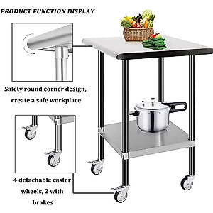 MYOYAY Commercial Stainless Steel Table with Caster Wheels 24"x24" Kitchen Worktables with Backsplashs Prep Food Workbench Under Shelf 110~220lbs Capacity for Restaurant