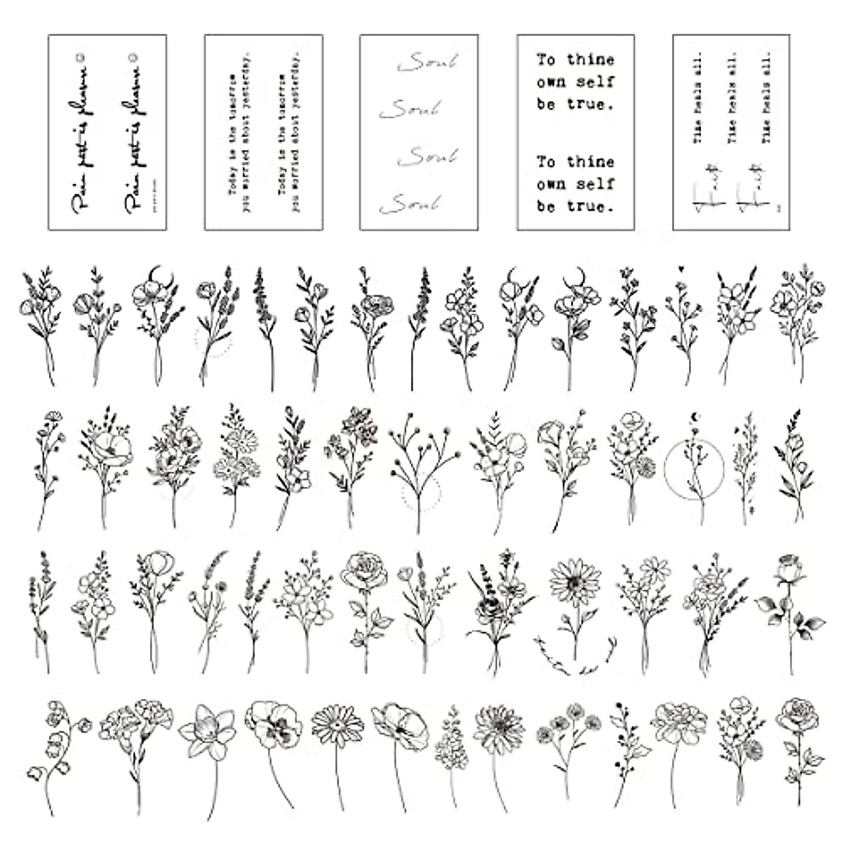 DIVAWOO Realistic Temporary Tattoo - 60 Sheets Tiny Fake Tattoos, 40 Pcs Inspirational Words Tattoo, 20 Pcs Wild Flower Floral Bouquet Stickers for Adult Women Face Body Hand