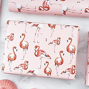WRAPAHOLIC Reversible Wrapping Paper - Mini Roll - 17 Inch X 33 Feet - Flamingo and Polka Dot Design for Birthday, Holiday, Wedding, Baby Shower