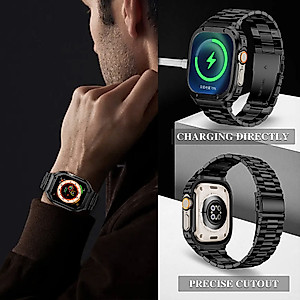 HASLFM Stainless Steel Apple Watch Band with Case Compatible with Apple Watch Ultra/Ultra 2(49mm),Metal iWatch Band and Protective Bumper Cover, Rugged Replacement Strap for Men 2023,Black