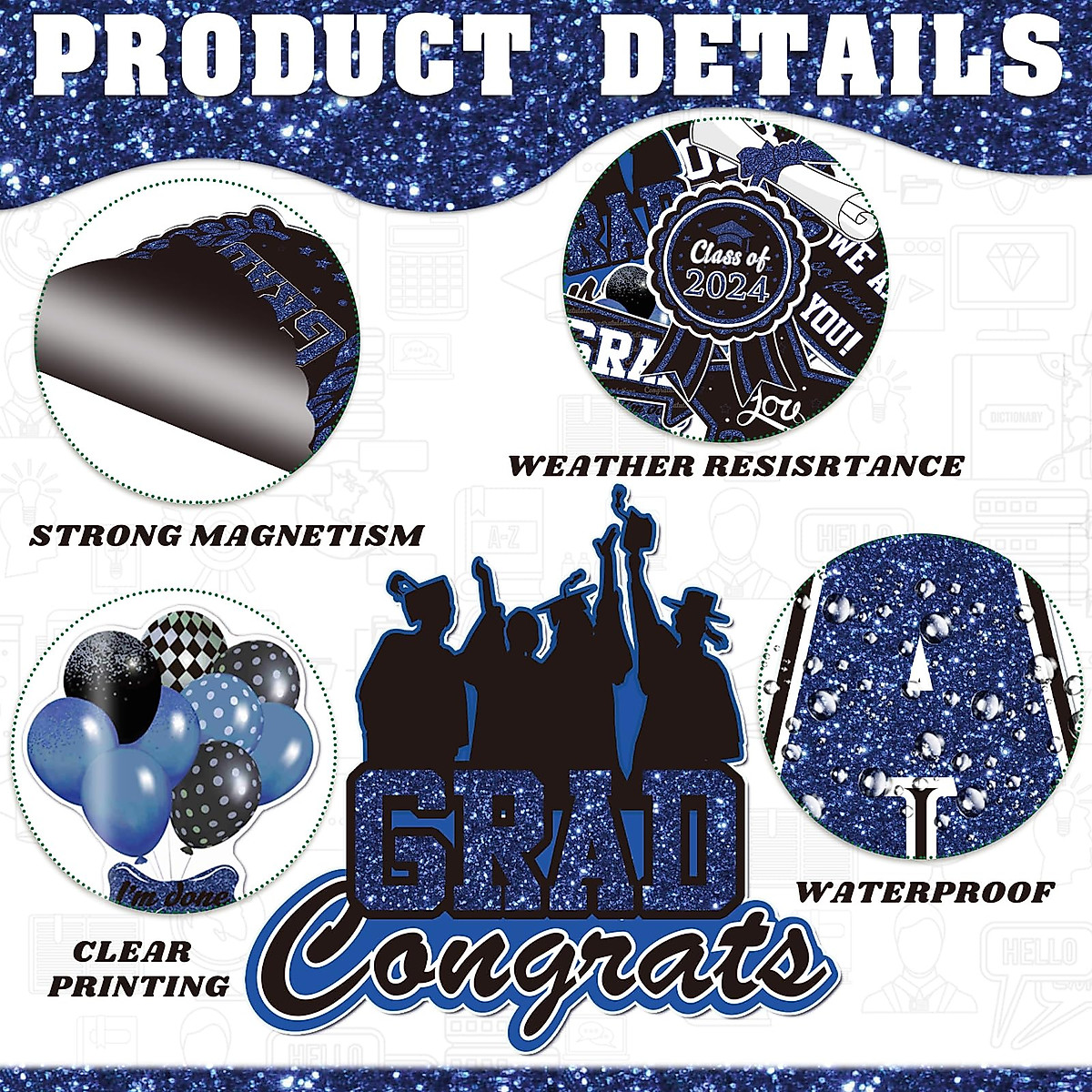 2024 Graduation Car Magnet Decoration 25Pcs, Magnetic Congrats Grad 2024 Refrigerator Garage Door Stickers, Class of 2024 Graduation Car Magnet Decal for Parade Decor Graduation Party Supplies (Blue)