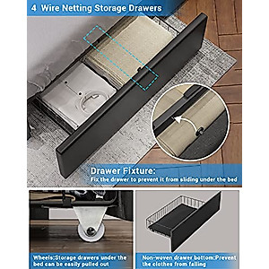 DICTAC Queen LED Bed Frame with 4 Storage Drawers and USB Ports Modern Platform Bed Frame with Storage and LED Headboard Faux Leather Upholstered Storage Bed,Easy Assemble,No Box Spring Needed,Black