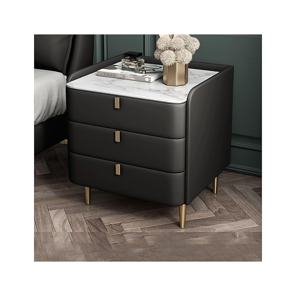Bedside Table Mid-Century Modern Nightstand Faux Leather Bedside Table W/Marble Pattern Sintered Stone Top Side Table Wood 3 Drawer Bedroom Cabinet Chest of Drawers (Color : Black, Size : 50X40X69cm