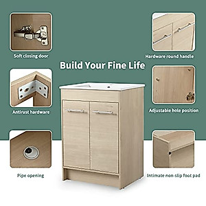 JIBIO 24" Bathroom Vanity Sink Free Standing Bathroom Storage Cabinet w/Ceramic Sinks with 2 Doors Adjustable Shelf Modern Cabinet Space Saver for Apartment Dorm Contemporary Bath