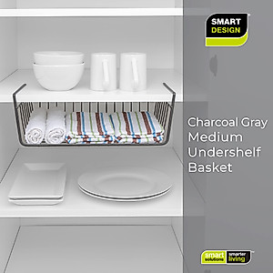 Smart Design Undershelf Storage Basket - Medium - Snug Fit Arms - Steel Metal Wire - Rust Resistant - Under Shelves, Cabinet, Pantry, and Shelf Organization - 16 x 5.5 Inch - Charcoal Gray