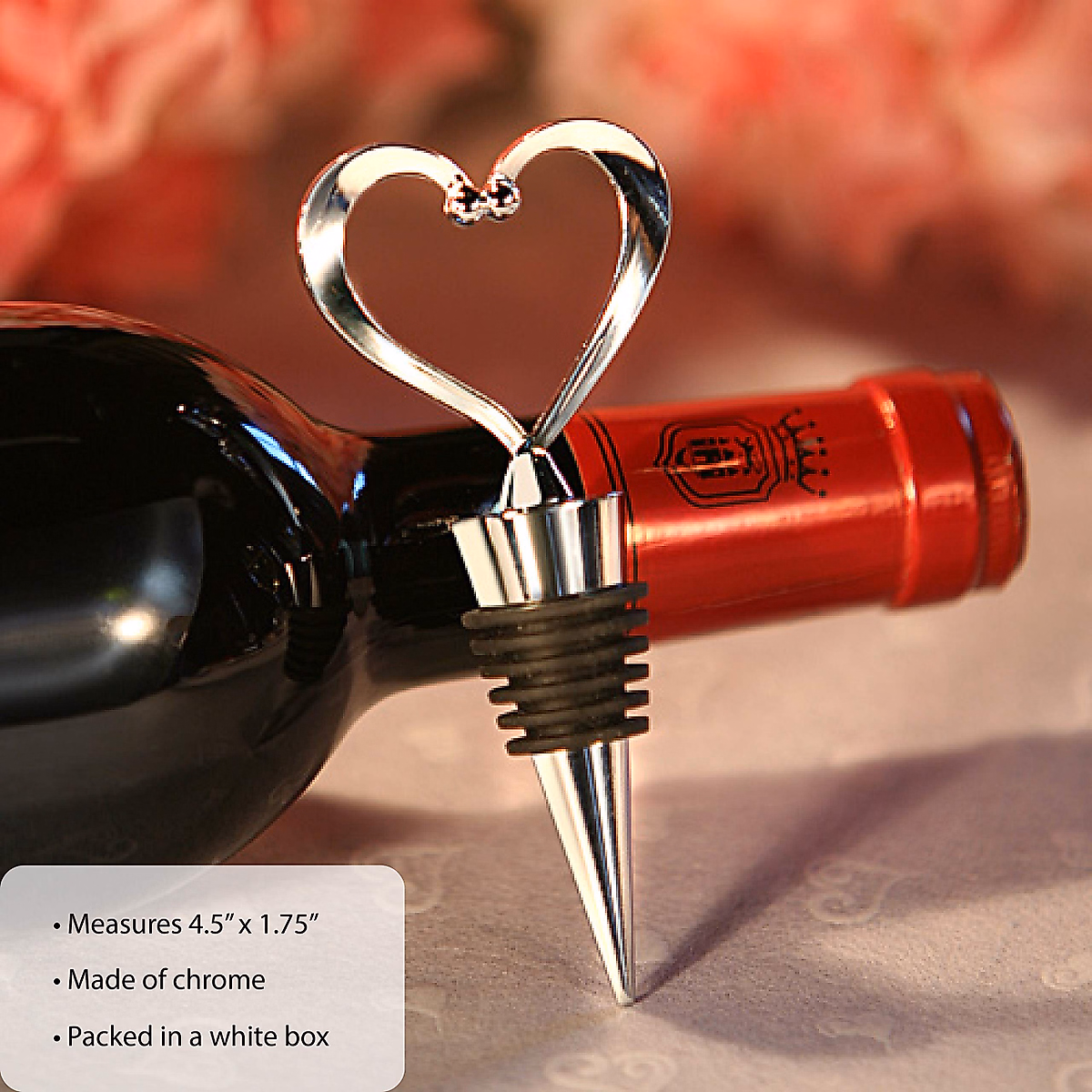 Fashioncraft Heart Wine Bottle Stopper, Decorative Beverage Cork Topper Saver, Metal with Reusable Rubber Plug, for Wedding Favors, Party, Baby Shower - Love Design Heart Shape - Chrome (1 Pack)