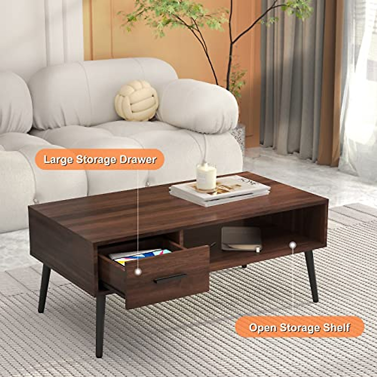 HAIOOU Coffee Table, Mid Century Modern Style Cocktail Table TV Stand with Drawer, Open Storage Shelf, Stable Floor-Anti-Scratching Pine Leg for Home, Office, Living Room - Walnut