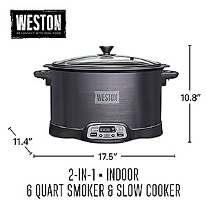 WESTON BRANDS 2-in-1 Indoor Electric Smoker & Programmable Slow Cooker, 6 Quart, With 3-Tier Smoking Rack for Meat, Cheese and More, Dishwasher Safe Crock, Temperature Probe, Black (03-2500-W)