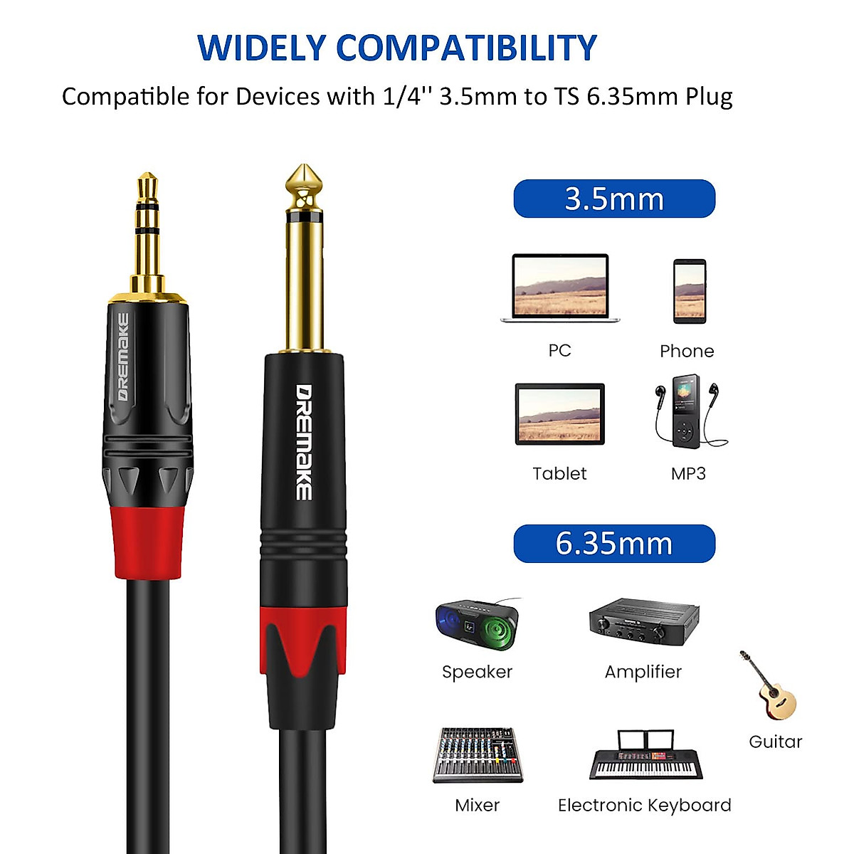 DREMAKE Mono 6.35mm to 3.5mm Stereo Audio Cable 3FT, Stereo 3.5mm Plug to TS 6.35mm Patch Cord, TS 1/4 Inch 6.35mm Male to 1/8 Inch 3.5mm Male Interconnect Cable for Phones, Sound Card, PA Audio