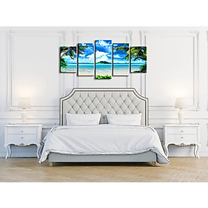 Pyradecor Modern 5 Panels Blue Sea Beach Pictures Paintings on Canvas Wall Art Stretched Contemporary Landscape Ocean Canvas Prints Artwork for Bedroom Home Decorations