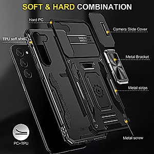 Samsung Galaxy S23 Plus Case with HD Screen Protector, Androgate Military-Grade Metal Ring Holder Kickstand 15ft Drop Tested Shockproof Cover Case for Samsung Galaxy S23 Plus Black