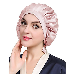 LilySilk 100% Mulberry Silk Bonnet, 19 Momme Silk Night Sleep Cap Adjustable Hair Wrap for Sleeping, Rosy Pink