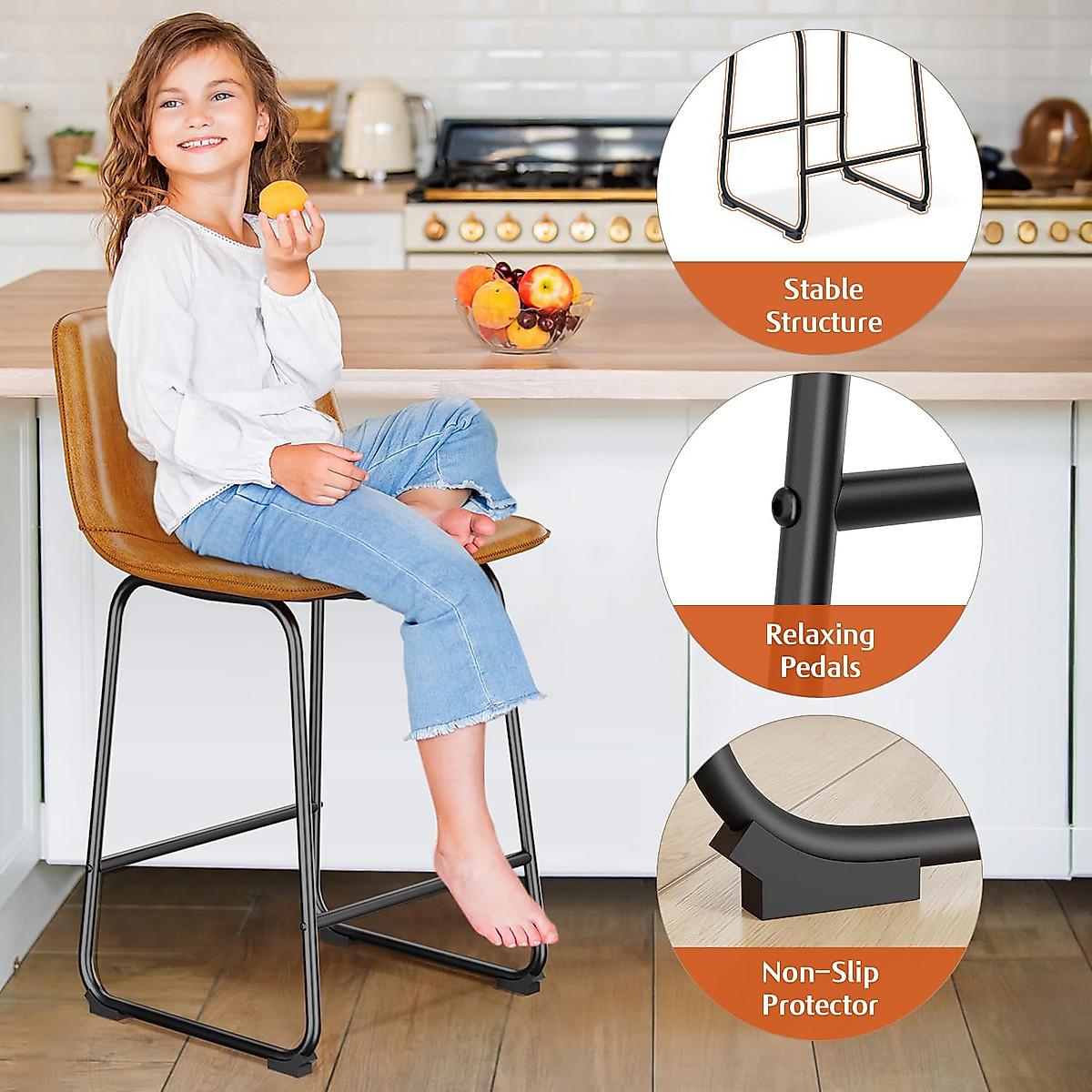 REONEY Bar Stools Set of 4, PU Leather Counter Height Bar Stools, 26" Modern Bar Stools with Metal Legs and Footrest, Urban Armless Dining Chairs with Backrest for Kitchen Island (Brown)