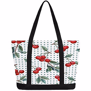 bisibuy Cherry Berries Tote Bag Tote Bag for Women Reusable Grocery Shopping Cloth Bags with Zipper Large Capacity Foldable Handbag Gym Bag for Gift Activity