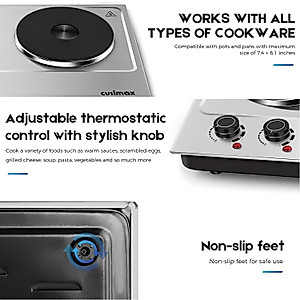 Hot Plate,Cusimax Double Burner 1800W Cast Iron Heating Plate,Electric Stove with Adjustable Temperature Control,Stainless Steel,Suitable for Various Scenarios Upgraded Version