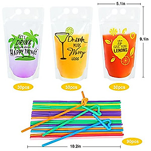 90 Pcs Drink Pouches for Adults, Clear Patterned Juice Pouches for Adults Bags, Reusable Drink Bags for Cold & Hot Drinks with 90 Straws One Funnel(3 Patterns,30 each)