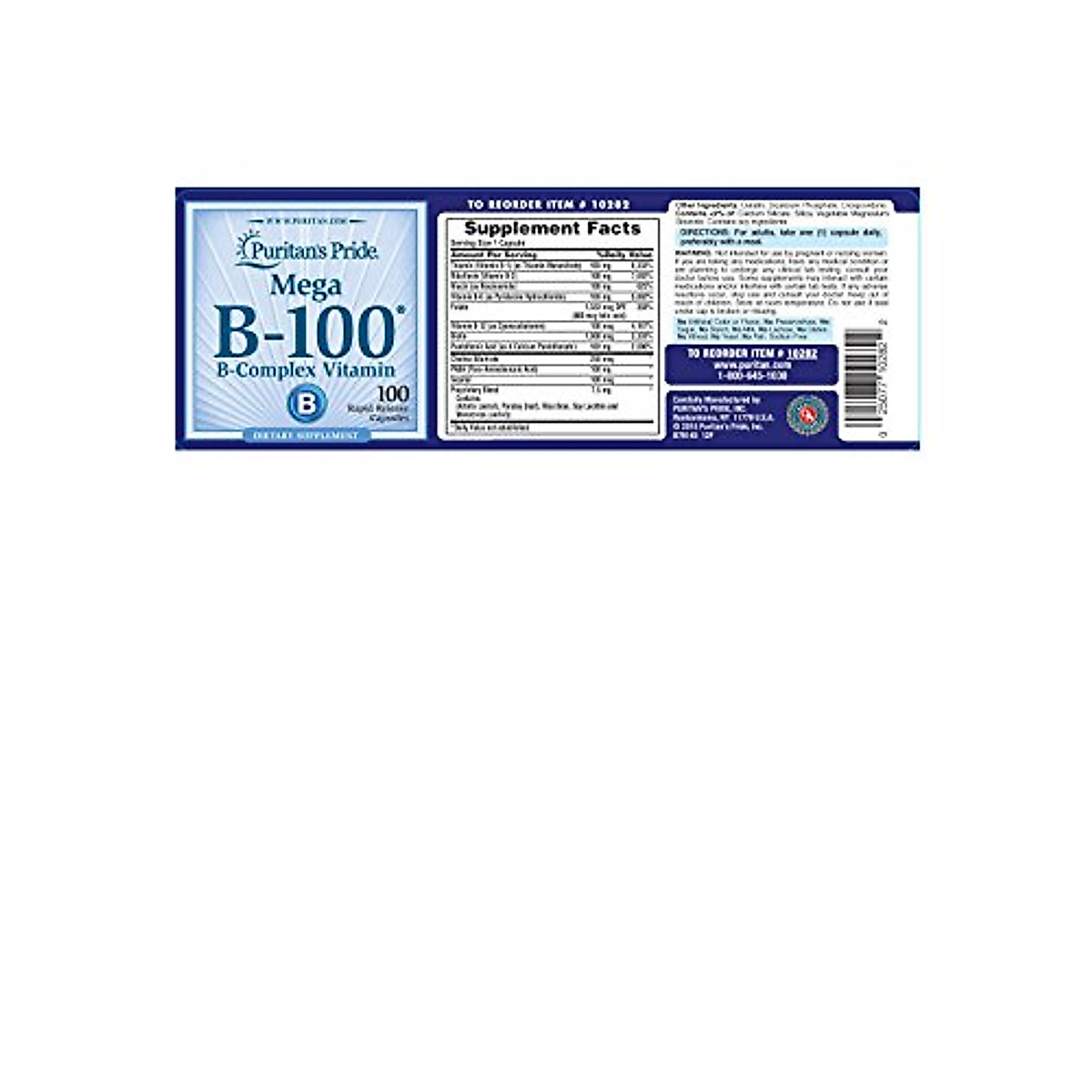 Puritans Pride Vitamin B-100 Complex, Nervous System Support, 100 Count (MP_1000003127)