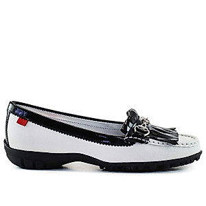 Womens Casual Comfortable Genuine Leather Lightweight Performance Soft Spiked Breathable Cushion Support Slip-On Golf Shoe White Grainy 6