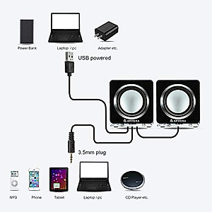 ARVICKA Computer Speaker, LED Accents USB Speaker Small Mighty Solid Wired Multimedia Speaker for PC Monitor Desktop Laptop Gaming Smartphones Tablets Projectors TVs, Black