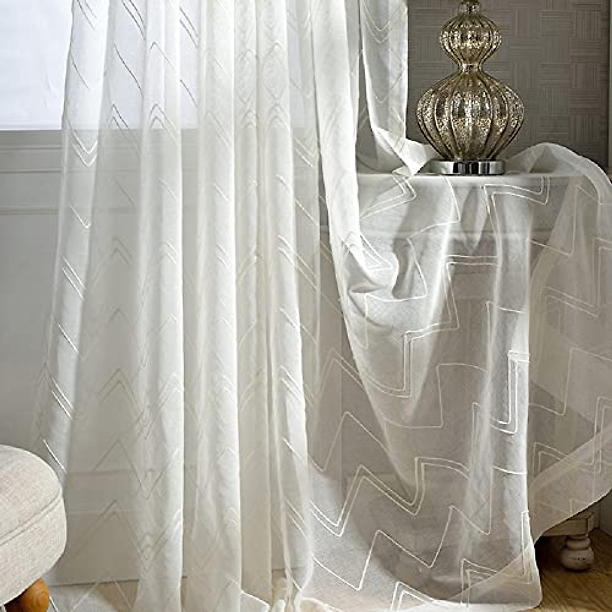 HooHero Embroidered Zig Zag Pattern Simple 54 Wide Kids Childern Sheer Curtains Beautiful Bedroom Window Decor