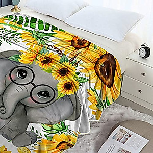 Super Soft Blanket Glasses Elephant and Sunflower Light Weight Throw Quilt Comfy Fluffy for Bed Sofa Suitable All Seasons 80"X60" for Adult Large