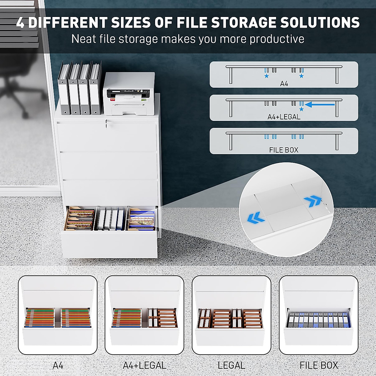 WIILAYOK Lateral File Cabinet, 4 Drawer Metal Lateral Filing Cabinet with Lock, File Cabinet for Home Office fits Letter/Legal/A4 Size