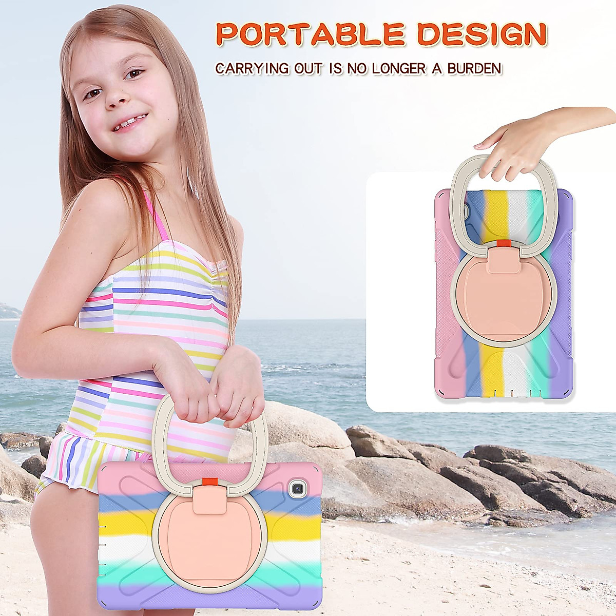 Slticase Case for Samsung Galaxy Tab A7 Lite 8.7 2021 Rainbow Pink Cute for Kids Todders Children Teen Girls Women w/Hand Grip | Protective Cover w/Pencil Holder Shoulder Strap for SM-T220/T225.