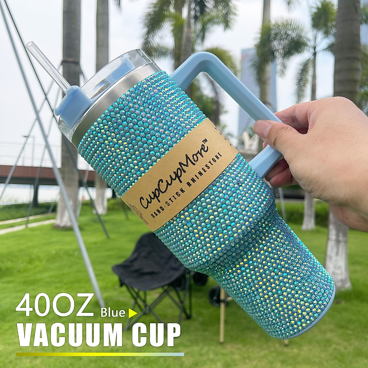 Cupcupmore 40oz Blue Bling Rhinestone Stainless Steel Sippy Tumbler Glitter Vacuum Insulated Water Bottle with Straw & Lid &Handle,Thermos for Hot & Cold Drinks,Car Cup Holder,Coffee