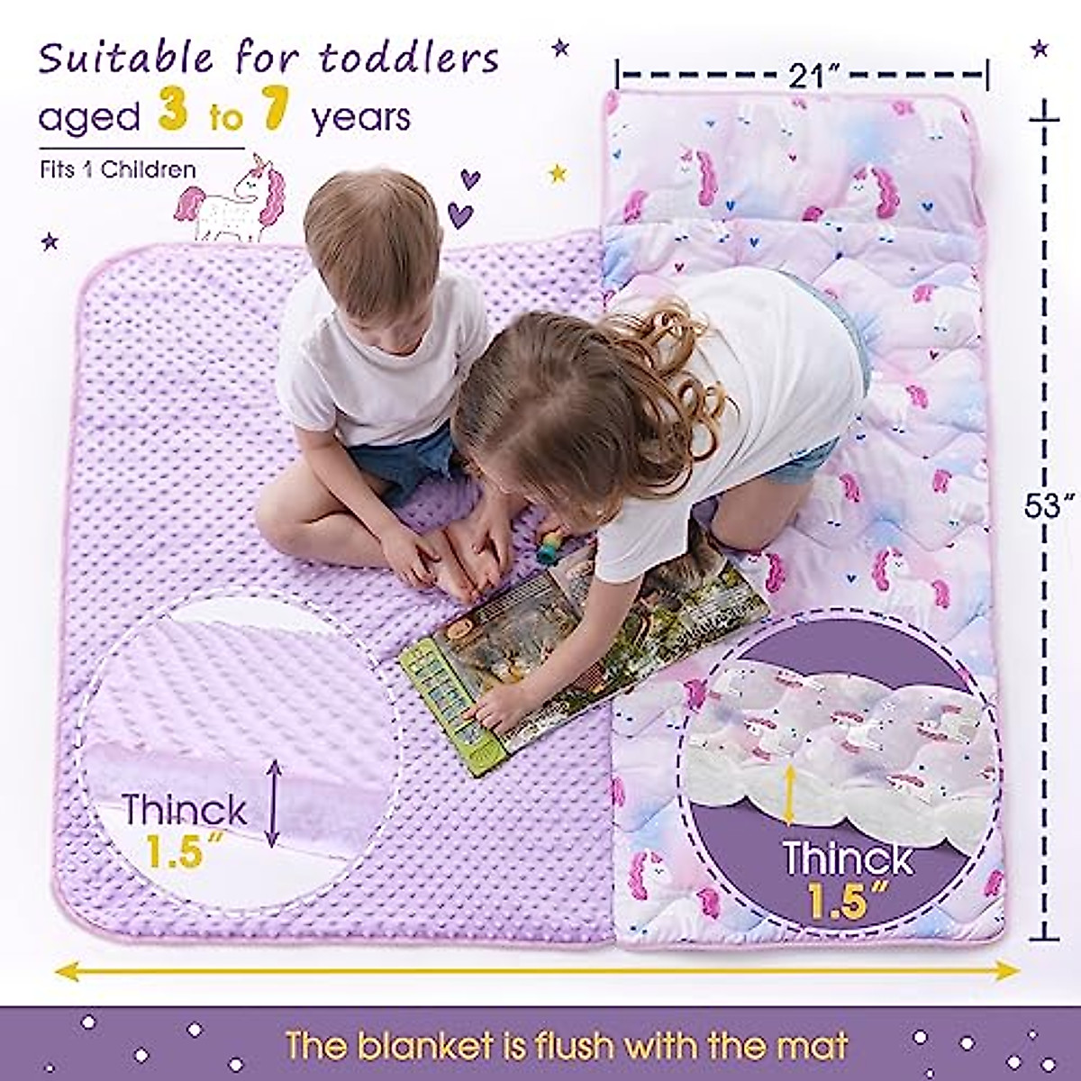 BORPRES Toddler Nap Mat-Nap Mats for Preschool Daycare Boys Girls,Kids Sleeping Mat with Removable Pillow and Blanket,Extra Thick Large Slumber Bag for Travel Camping,Unicorn.