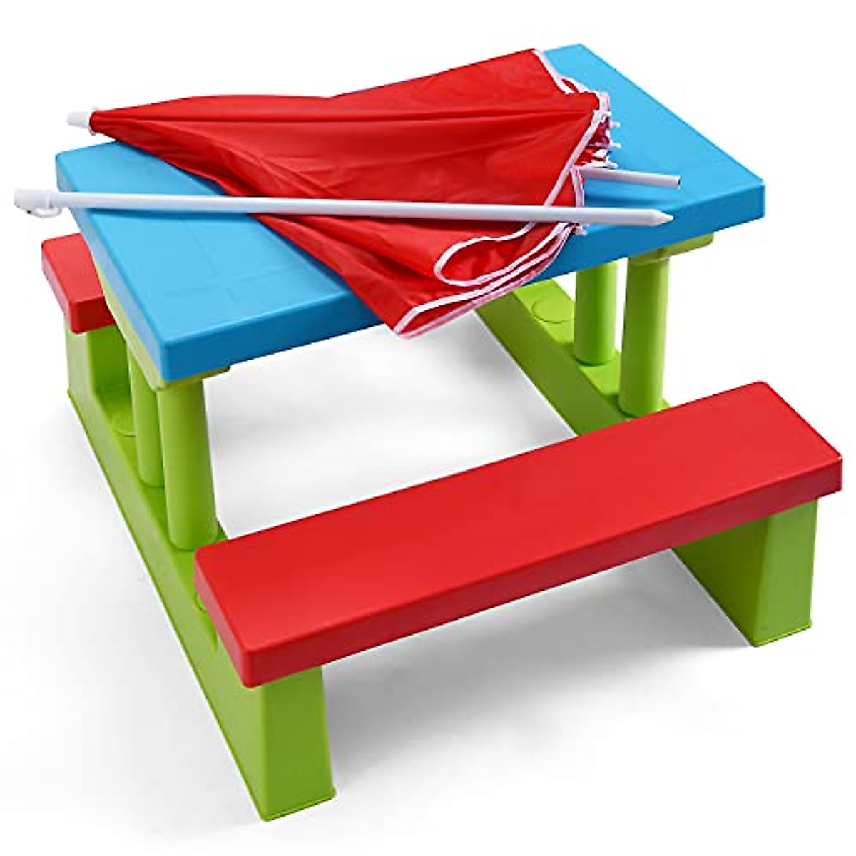 KOTEK Kids Picnic Table Set w/Removable Umbrella, Outdoor Party Table and Bench for Tea Time & Study, Brightly Colored Toddler Activity Table for Home, Kindergarten & Nursery (Red)