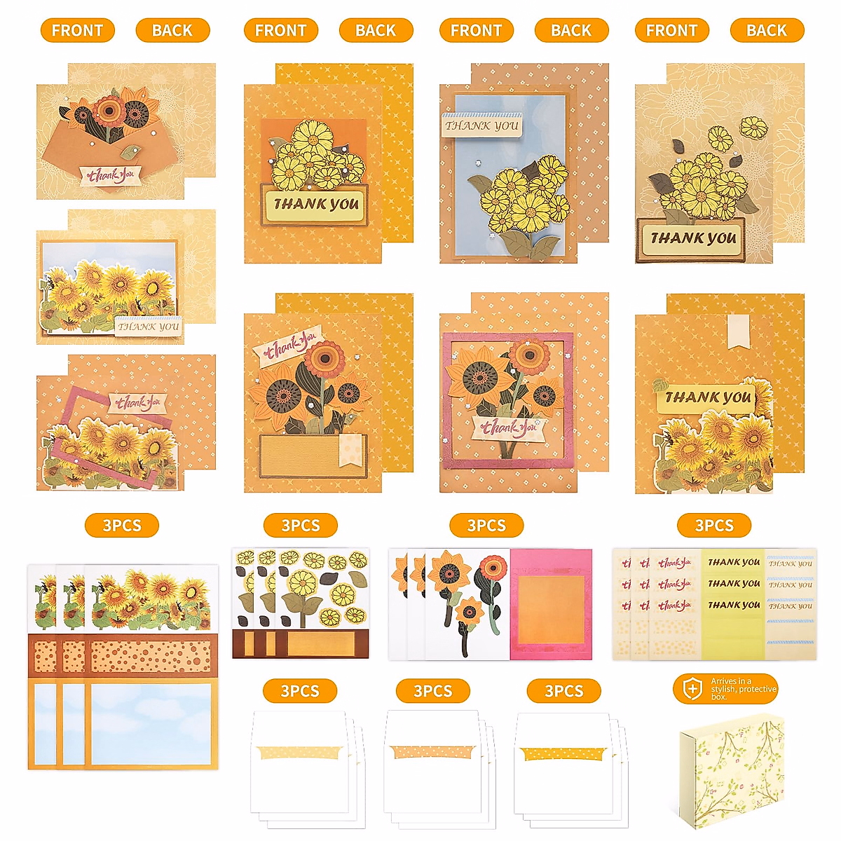 CREATIVETREES Card Making Kits DIY Blank Cards Sunflower Thank You Cards with Envelopes 9 Sets, Note Greeting Cards Set, Greeting Cards for All Occasions