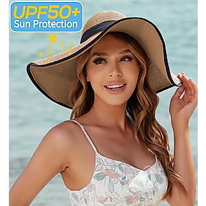 Sun Hats for Women with Ponytail Hole, Wide Brim Beach Hats for Women, Floppy Straw Hat Foldable, Packable Summer Hats Women Khaki
