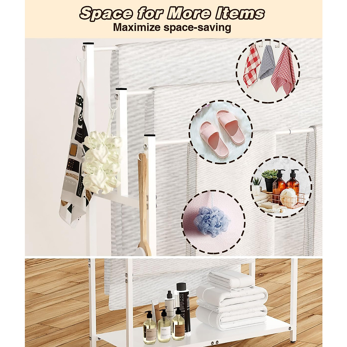 Mondazie 44” Tall Free Standing Towel Racks with 6 Hooks for Bathroom, 3 Tiers Oversized Pool Bath Towels Drying Stand, Metal Blanket Ladder Holder with Storage Shelf for Bedroom Living Room, White