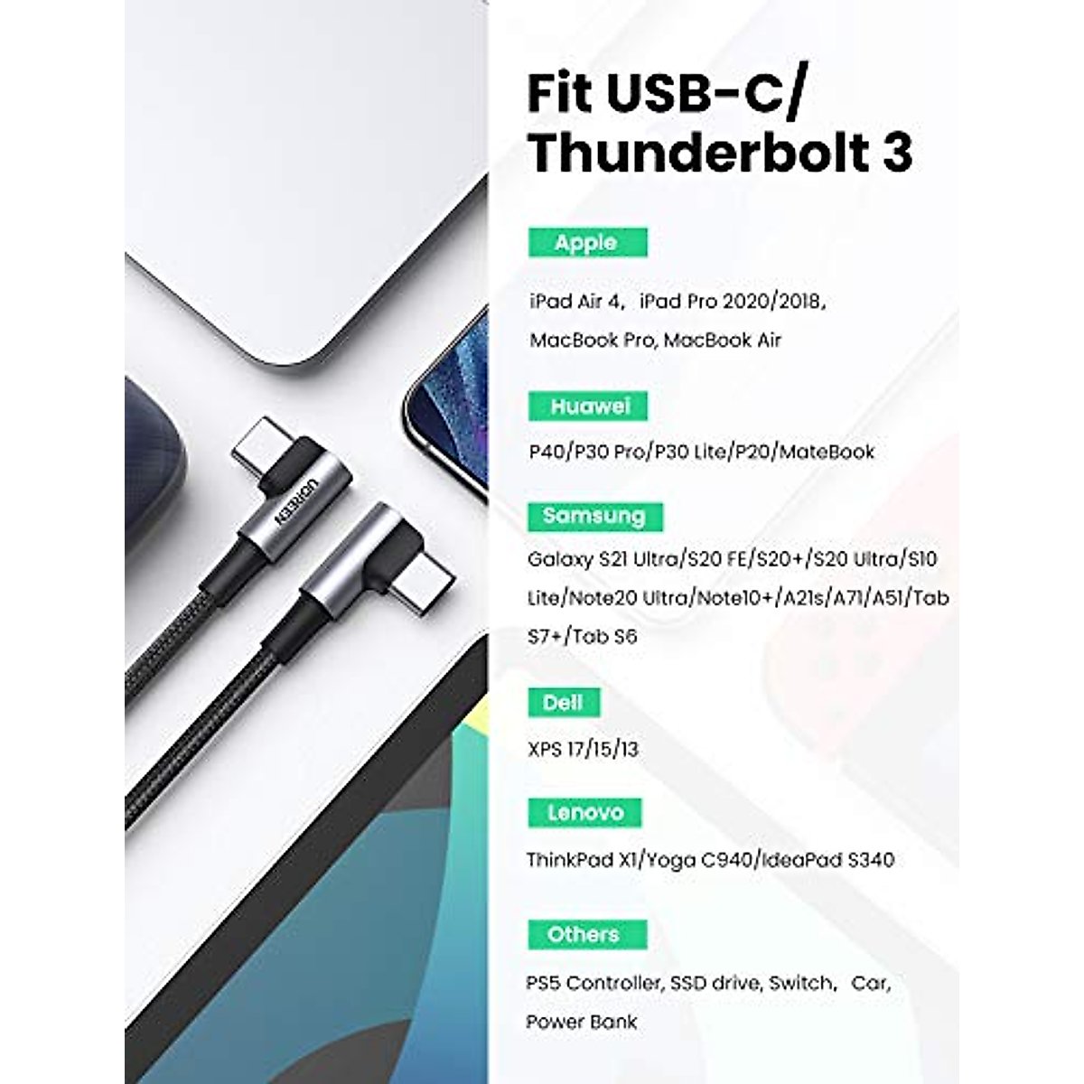 UGREEN Type C to Type C Cable 60W USB C Charger Cable 90 Degree Compatible with with MacBook Pro 2022, iPad Pro 2022, Samsung Galaxy S23/S22/Z Fold/Z Flip, Google Pixel 7/6a, Switch, etc. 3.3FT